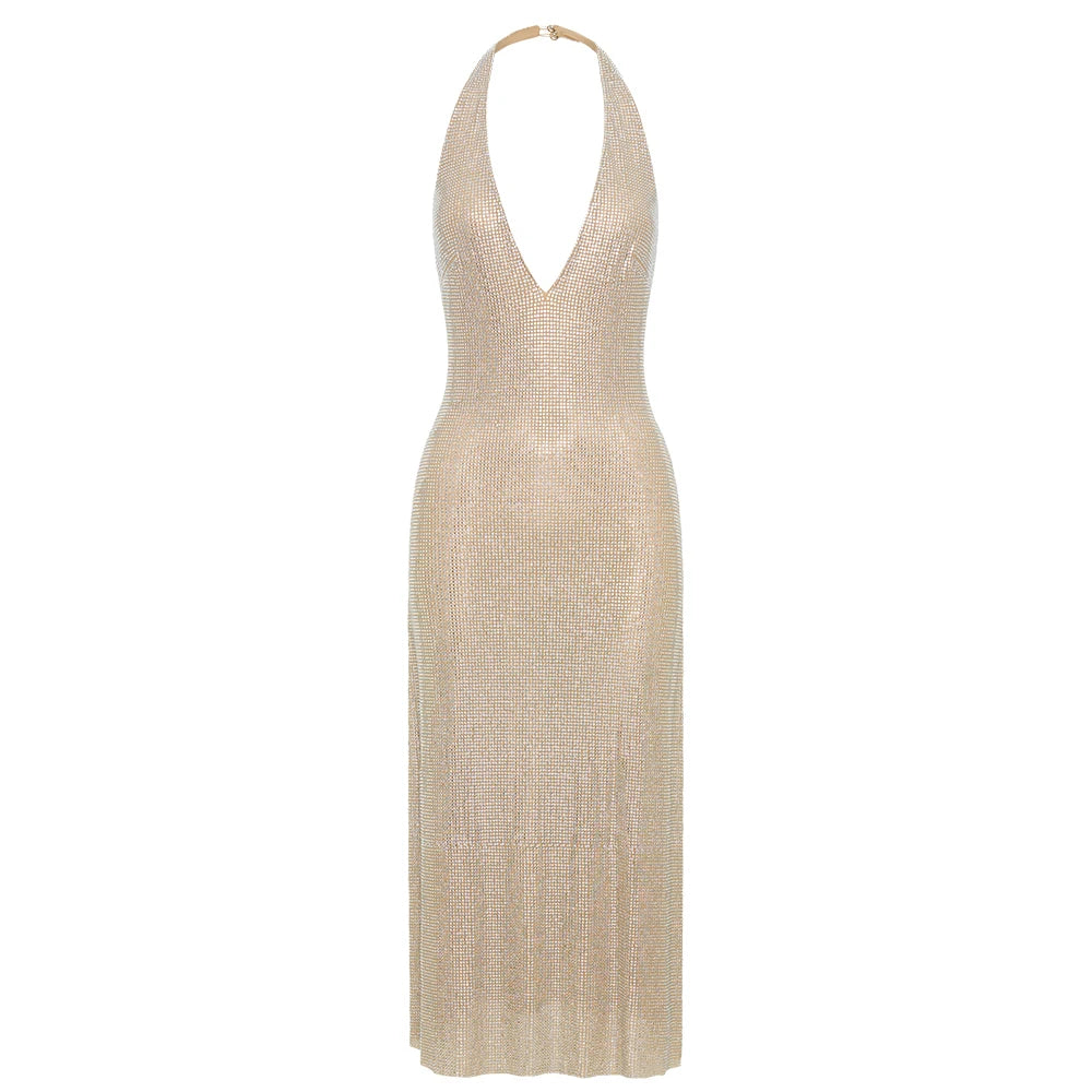 A&A Luxe Halter Open-Back Sparkling Sheer Midi Dress – ARIELLA & AYANA